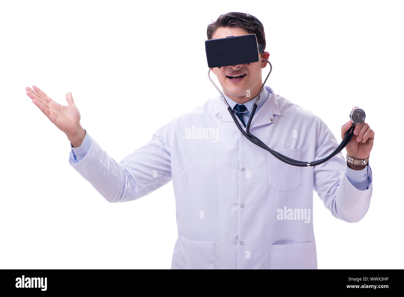 Doctor wearing a vr virtual reality headset isolated on white ba Stock ...