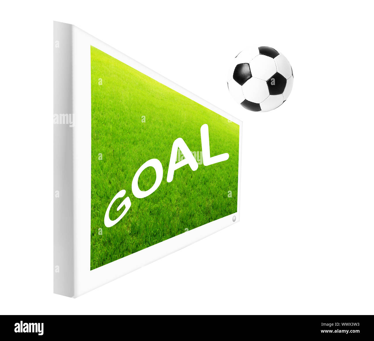 Goal text on the Tv screen & football ball Stock Photo - Alamy