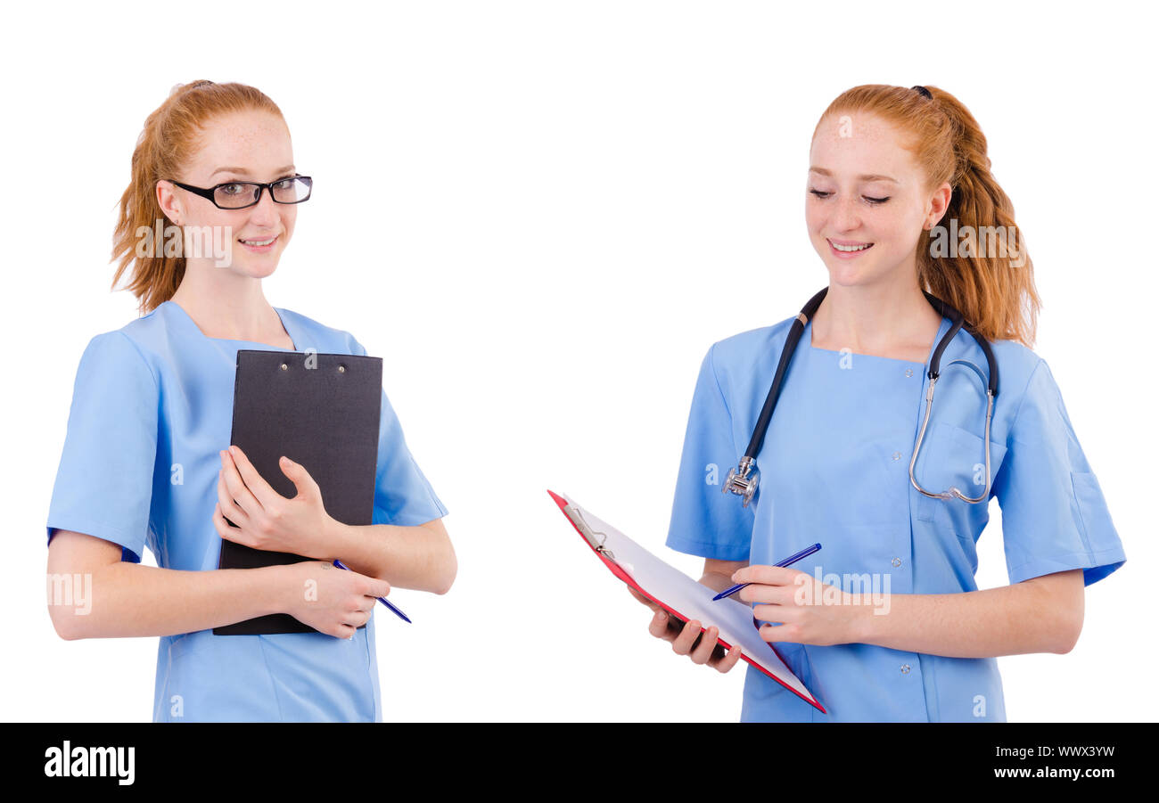 Pretty doctor in blue uniform with documents isolated on white Stock ...