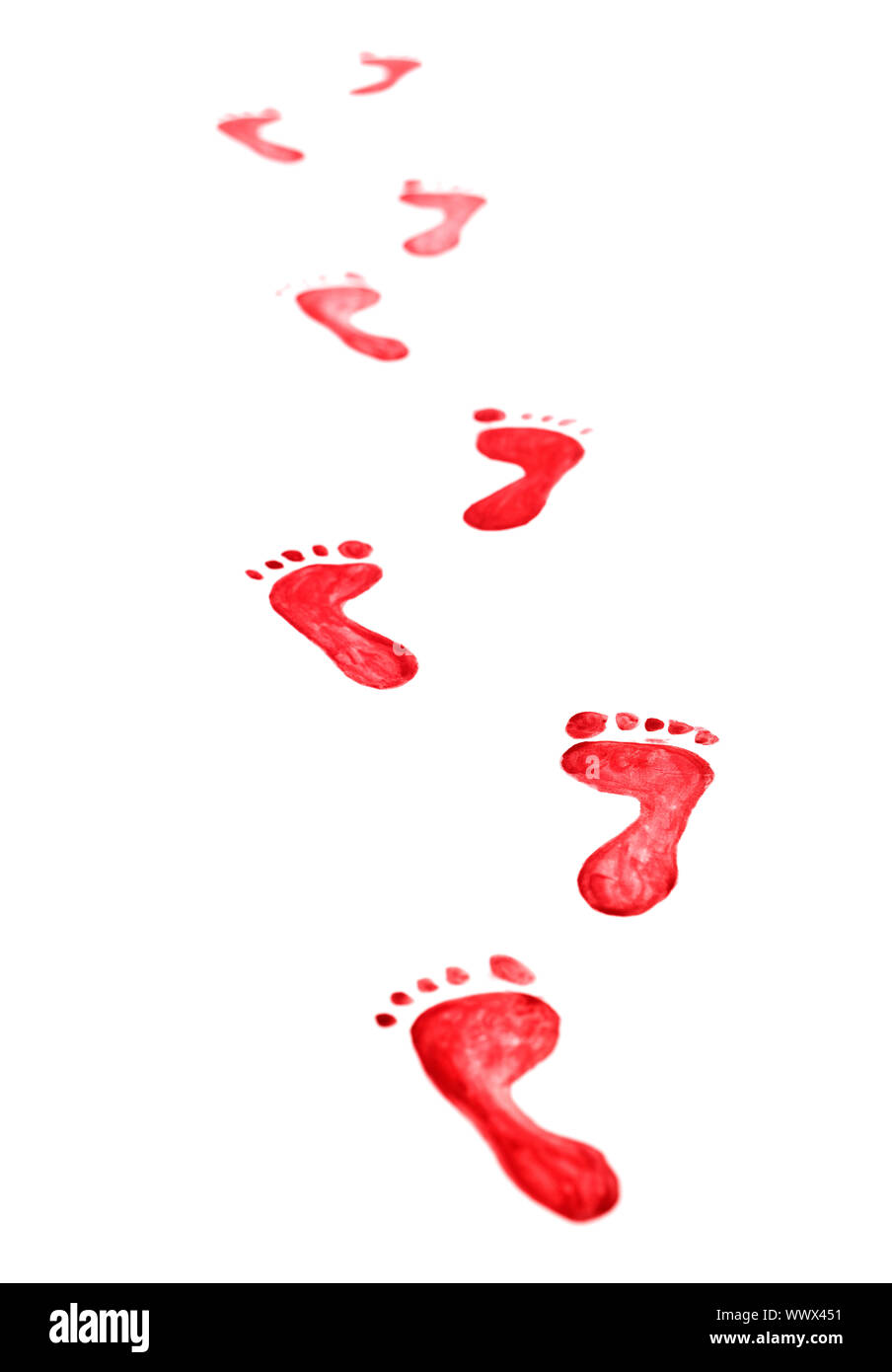 Red footprints on white background Stock Photo - Alamy