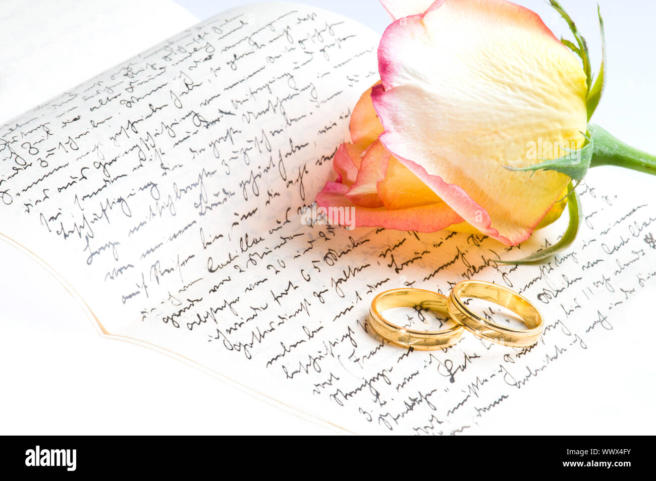Red yellow rose and gold rings over a hand written love letter Stock ...