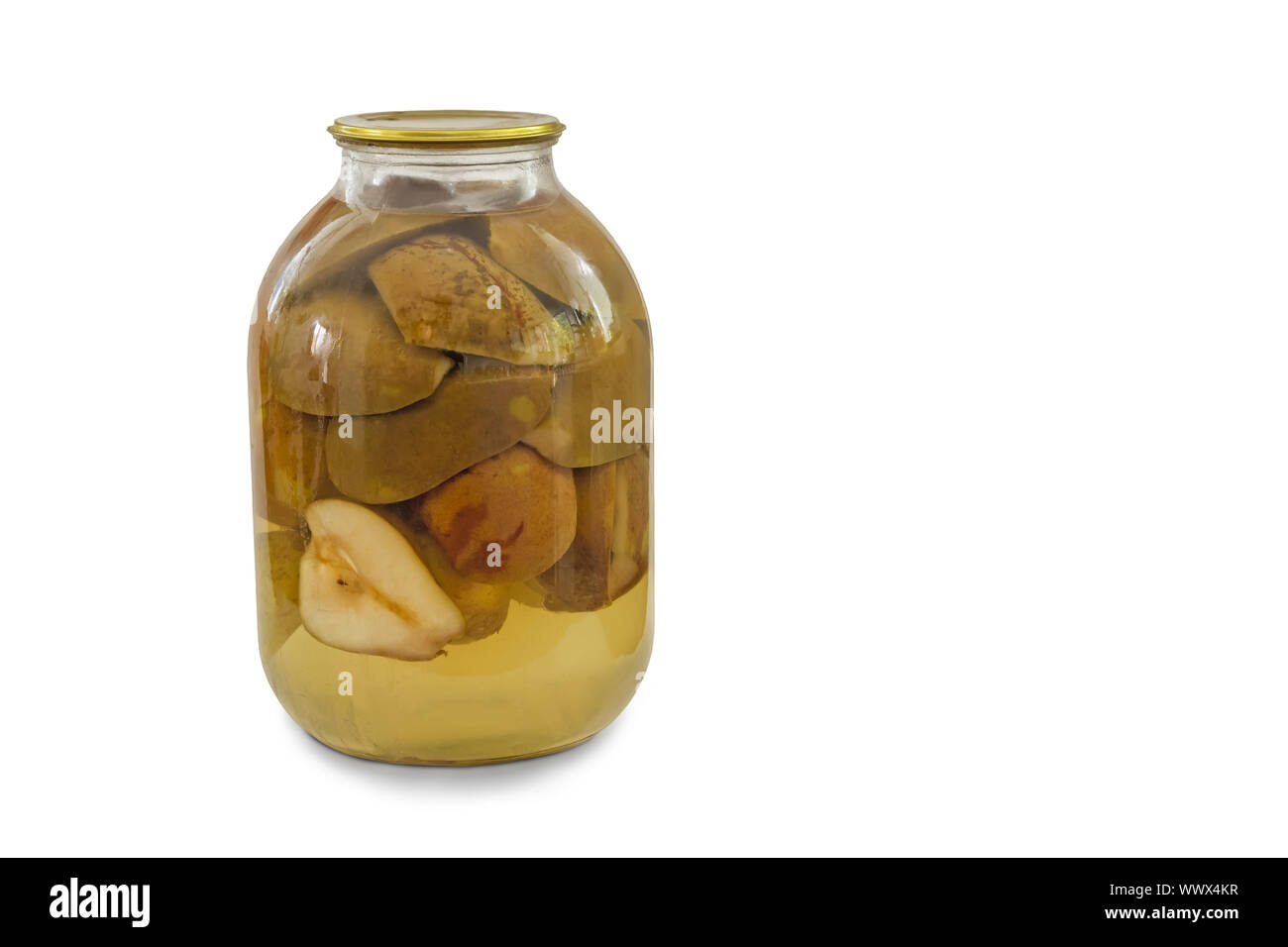 Canned pear in glass jar on white background Stock Photo - Alamy