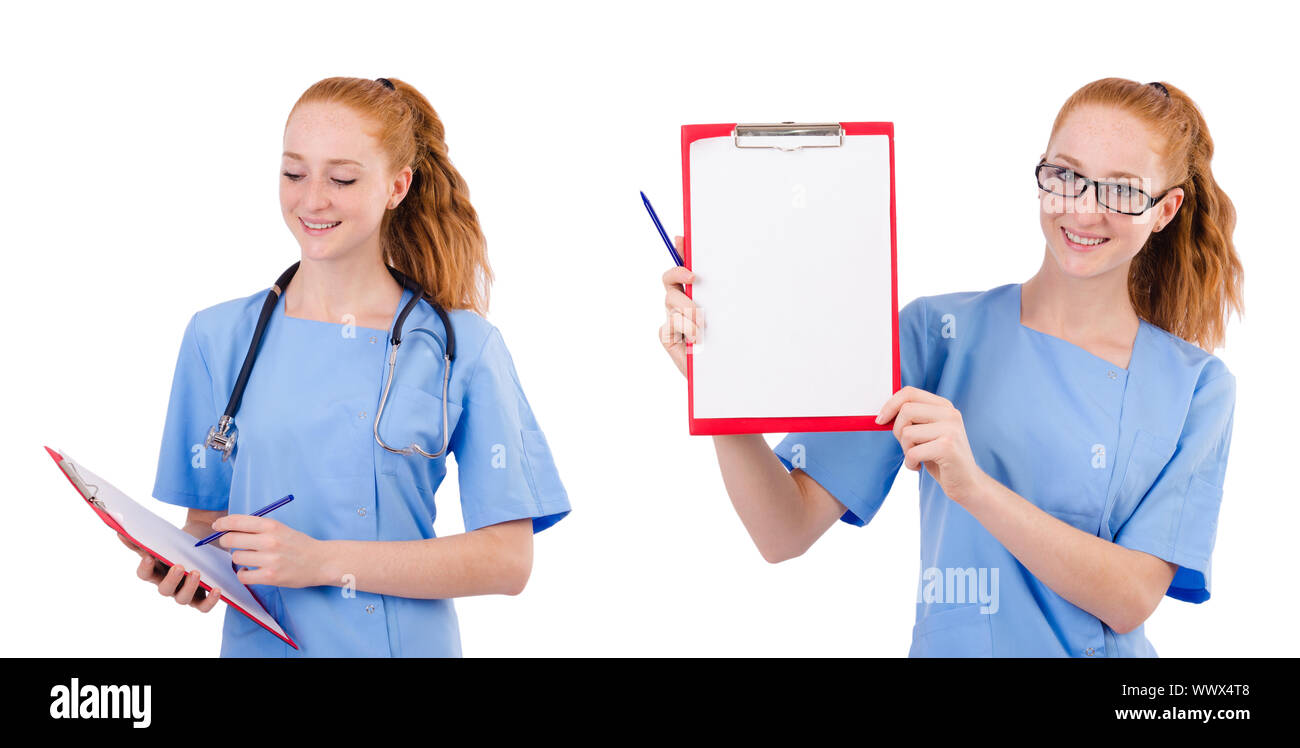 Pretty doctor in blue uniform with documents isolated on white Stock ...