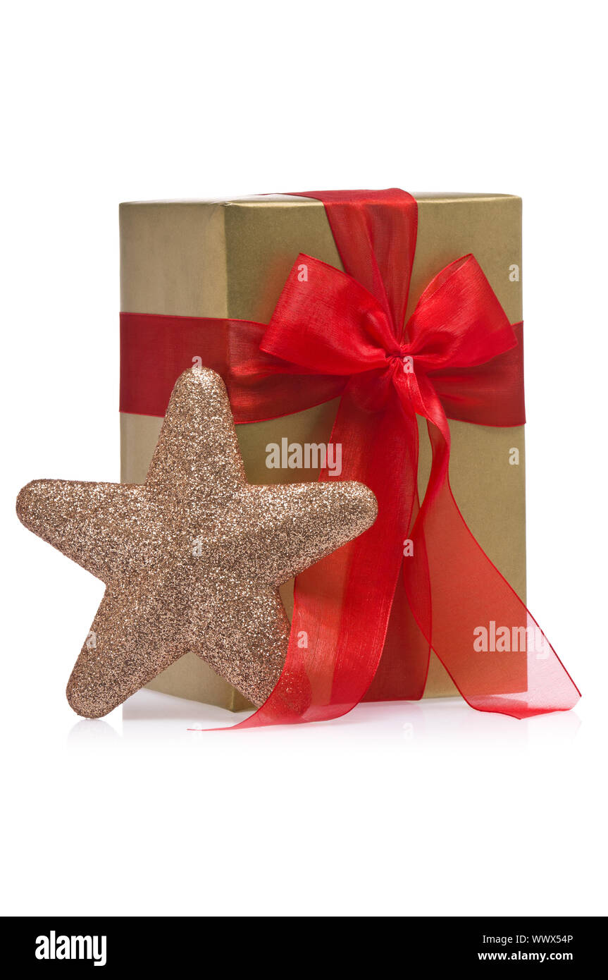 Present decorated with a glitter star, over white Stock Photo - Alamy