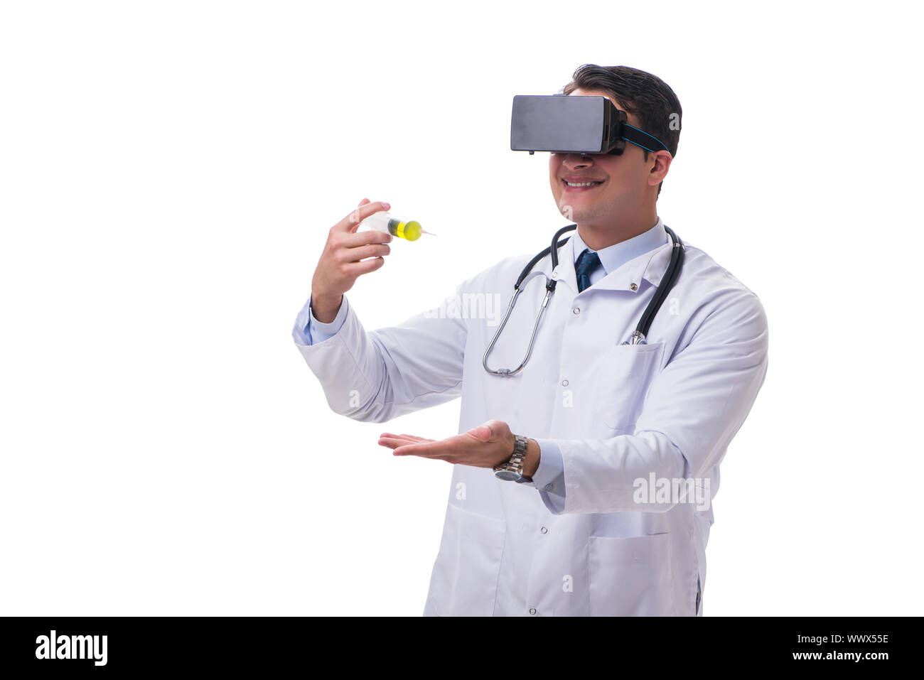 Doctor wearing a vr virtual reality headset isolated on white ba Stock ...