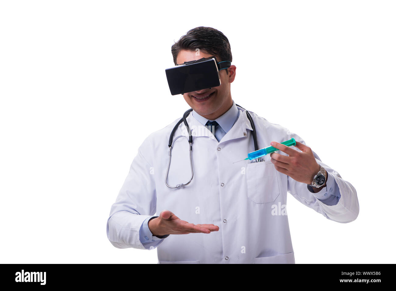 Doctor wearing a vr virtual reality headset isolated on white ba Stock ...