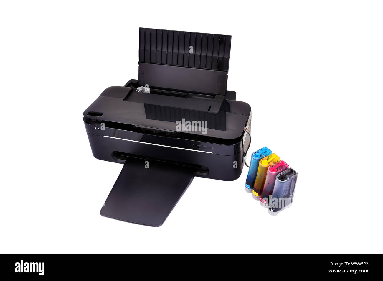printer and continuous ink supply system on a white background Stock ...