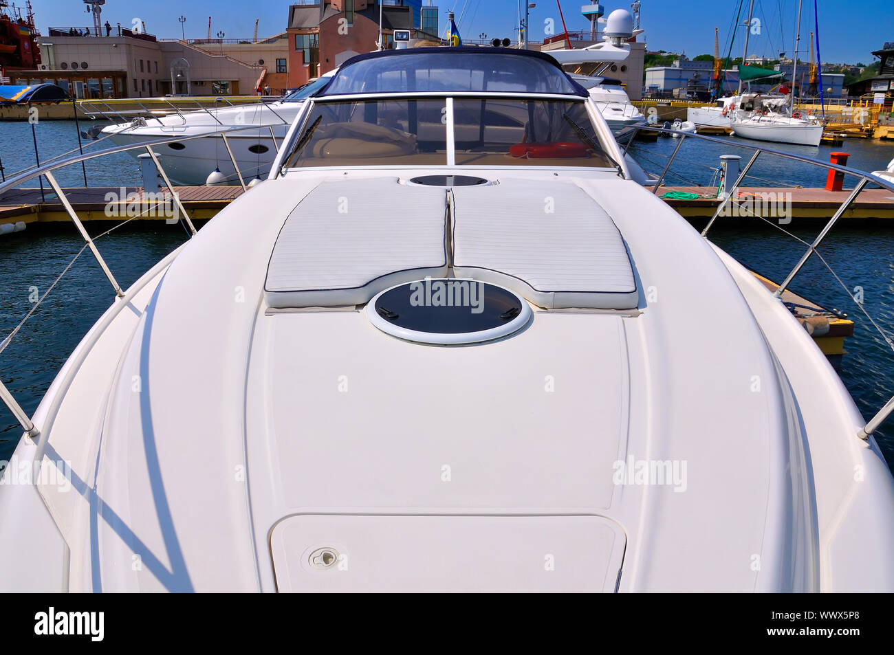 White motor yacht, front view Stock Photo - Alamy