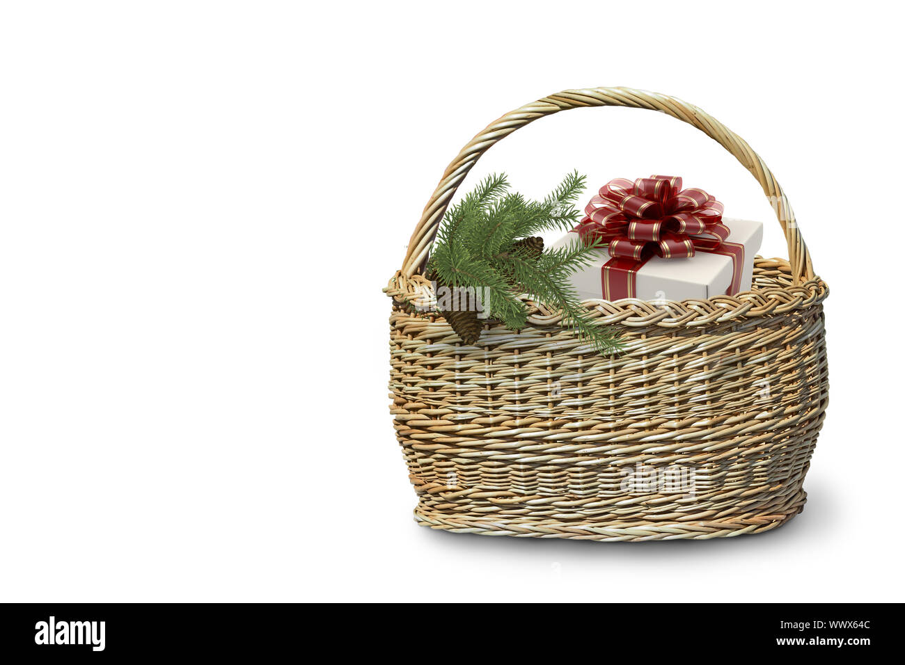 Wicker basket with gifts on a white background Stock Photo - Alamy