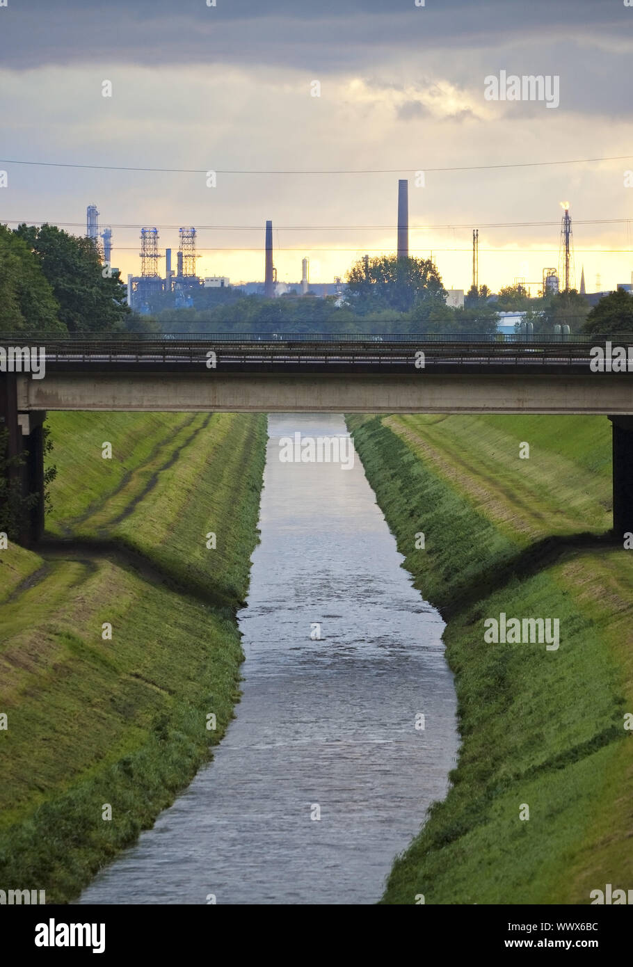 river Emscher with BP oil refinery in the background, Gelsenkirchen ...
