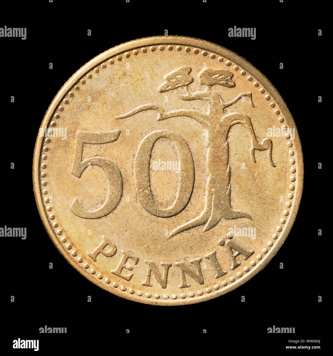 Finnish 50 penni coin from circa 1963 on black background Stock Photo ...