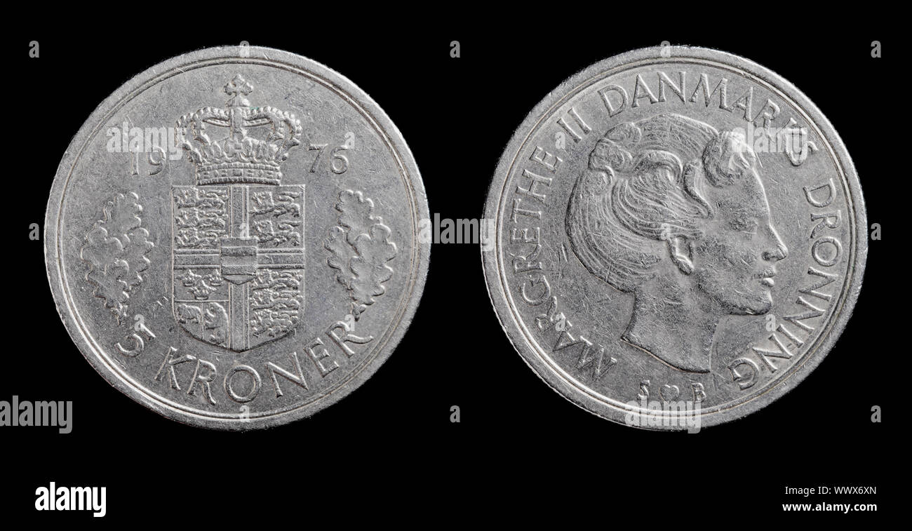 Danish 5 krone coin from 1976 isolated on black background Stock Photo ...