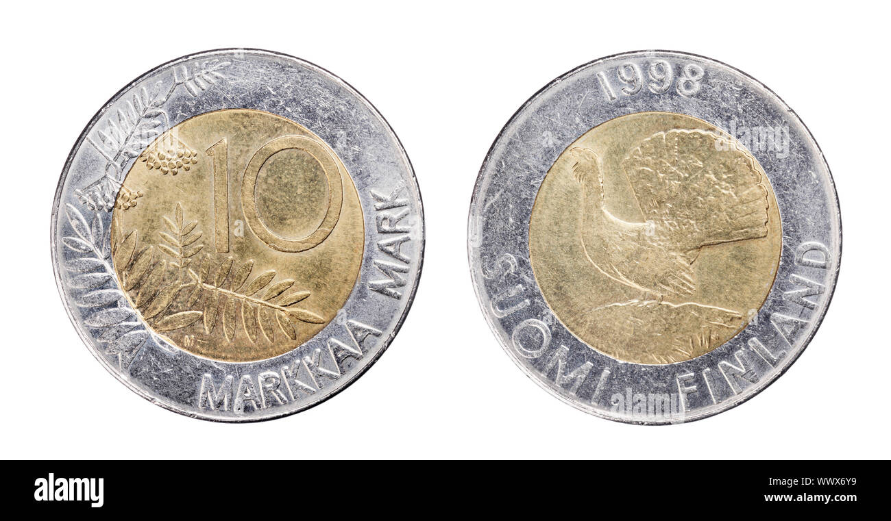 Finnish 10 Markka / Marks coin from 1998 isolated on white Stock Photo ...