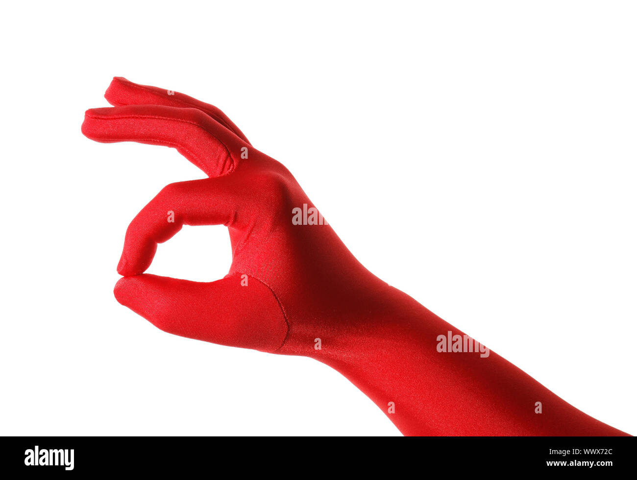 Hand in a red glove against white background Stock Photo - Alamy