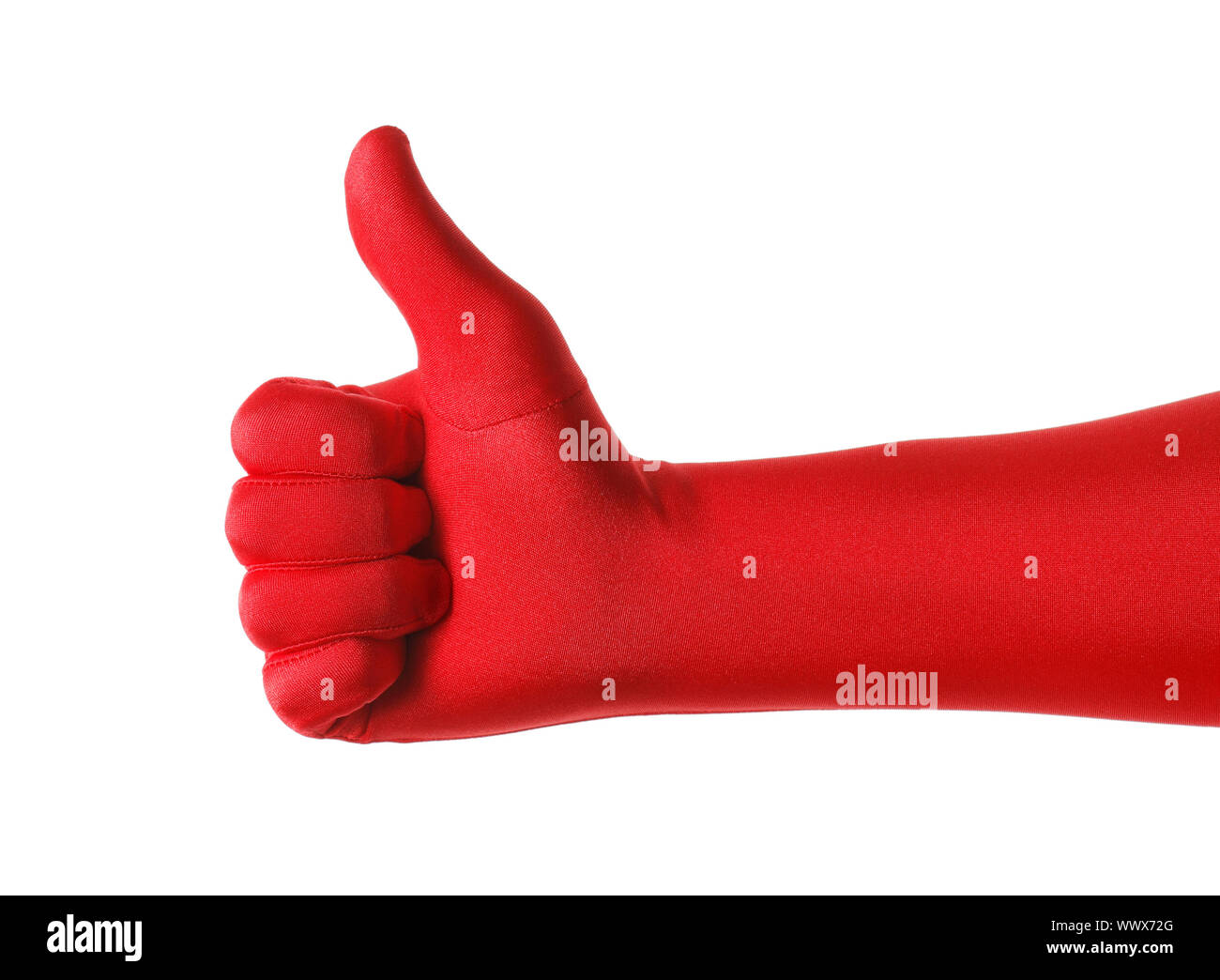 Hand in a red glove making "thumb up" gesture Stock Photo - Alamy