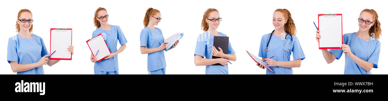 Pretty doctor in blue uniform with documents isolated on white Stock ...