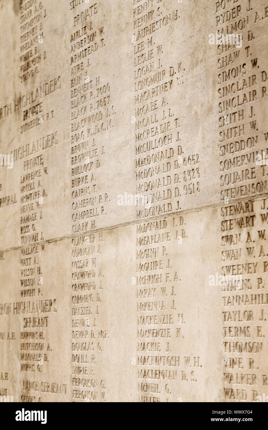 Names of dead british soldiers in WW I engraved in memorial monument ...