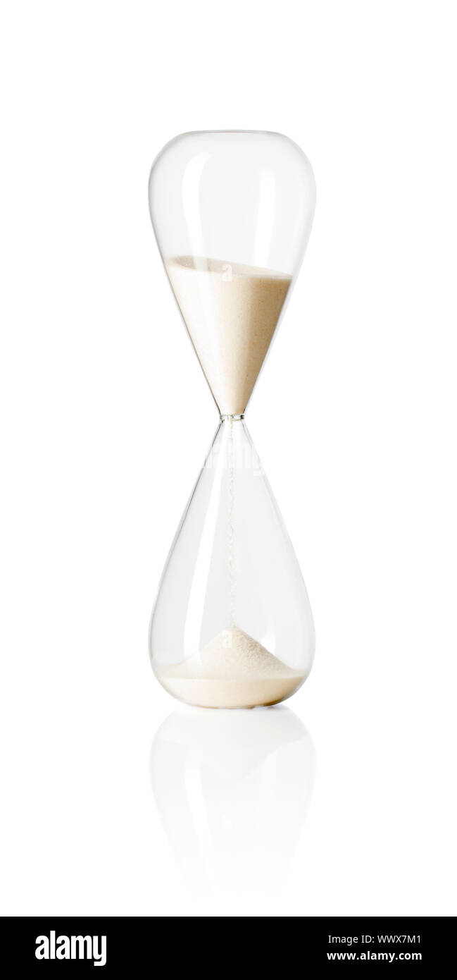 Hourglass isolated on white reflective background Stock Photo - Alamy