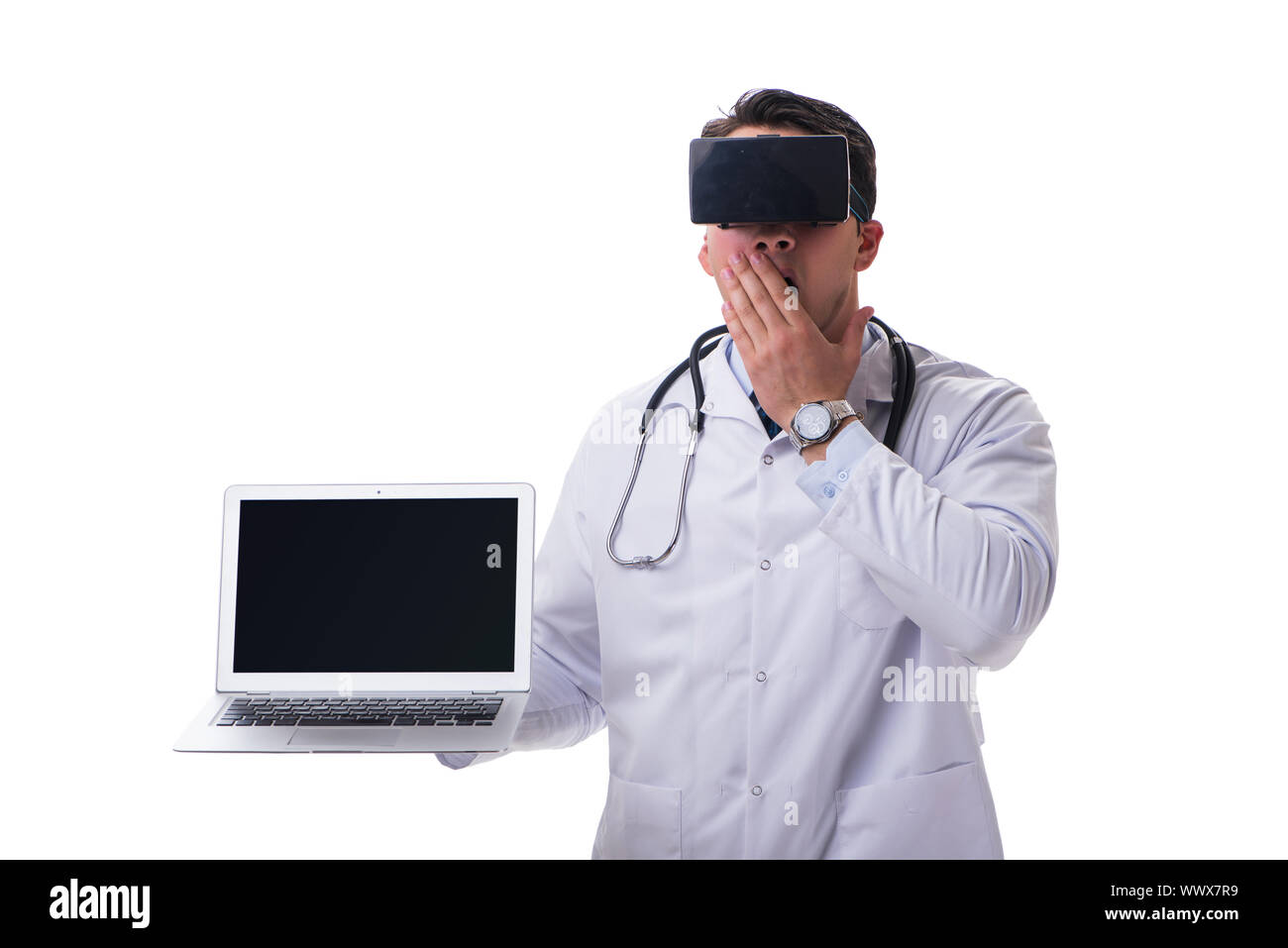 Doctor wearing a vr virtual reality headset isolated on white ba Stock ...