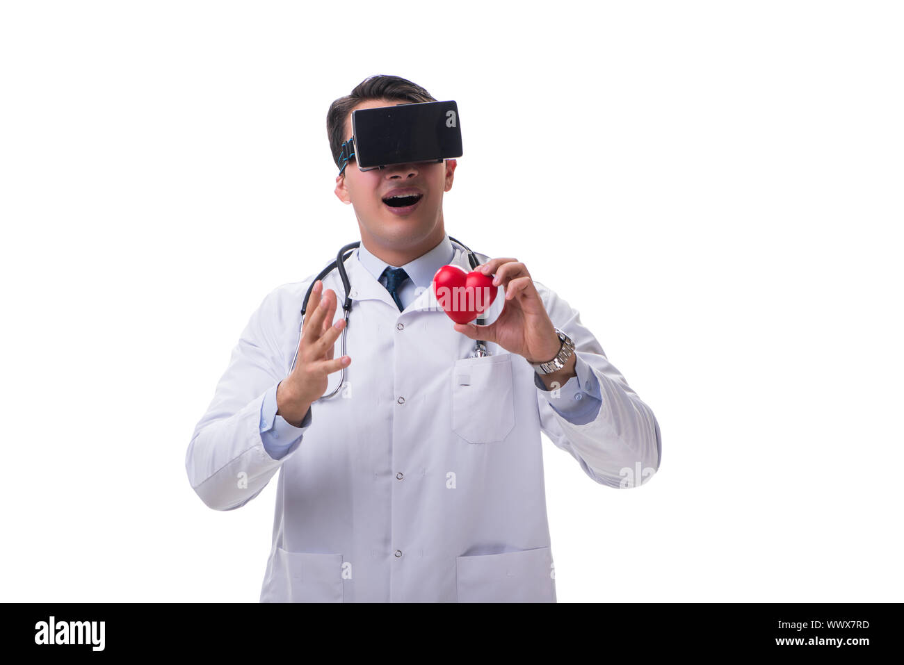 Doctor wearing a vr virtual reality headset isolated on white ba Stock ...