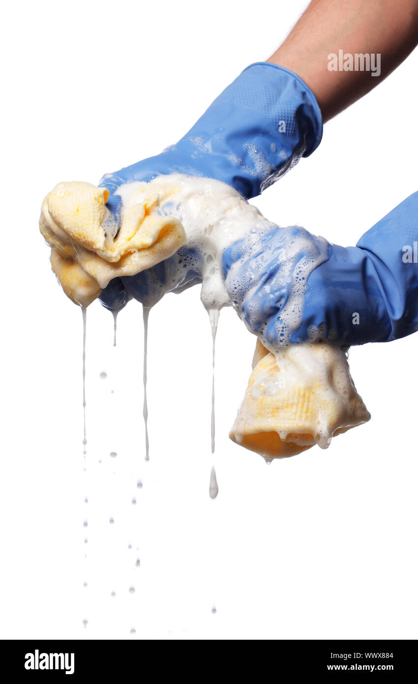Man twisting a soapy cleaning cloth Stock Photo - Alamy