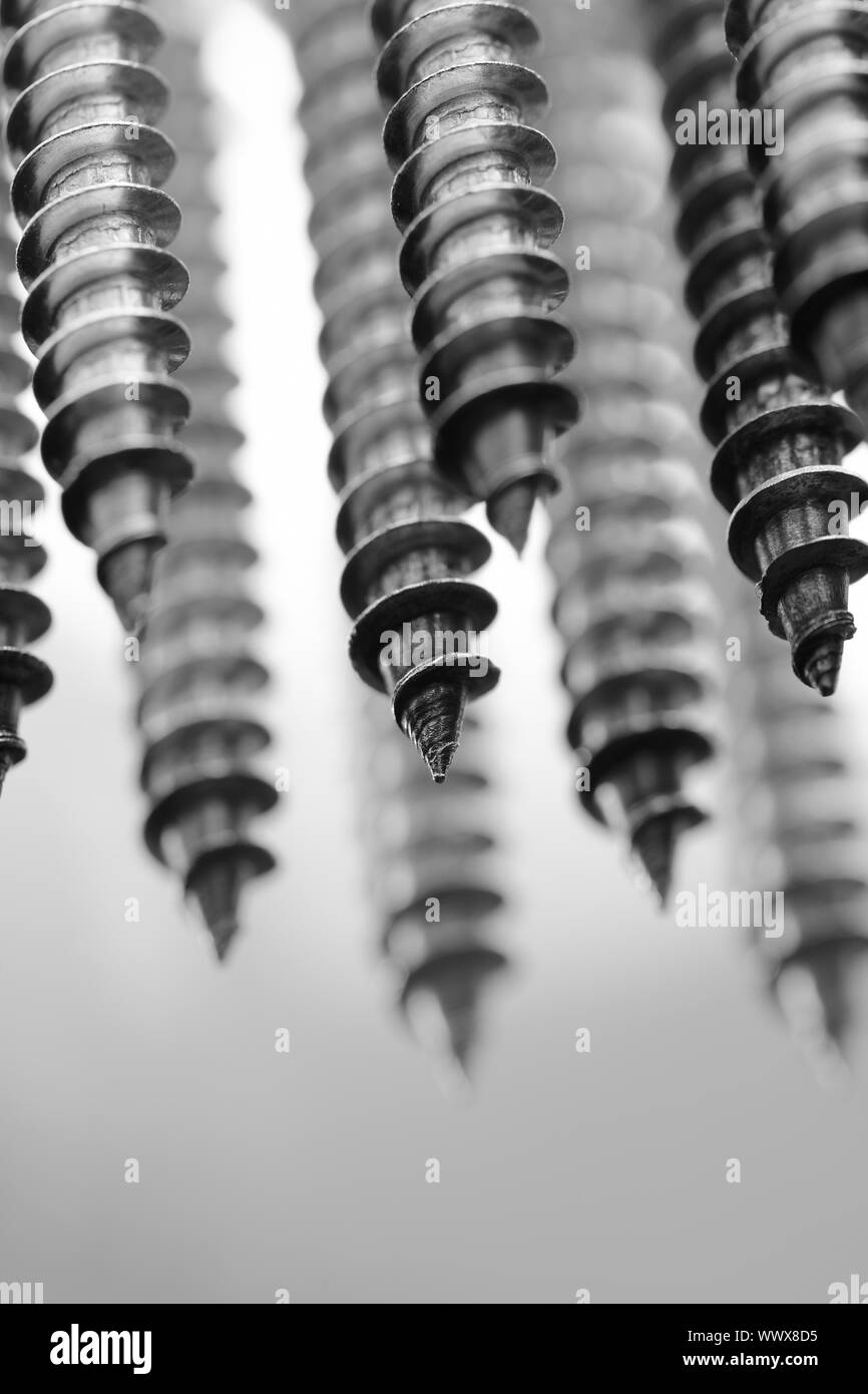 A Black and white image of stainless screws, Short depth-of-field Stock ...