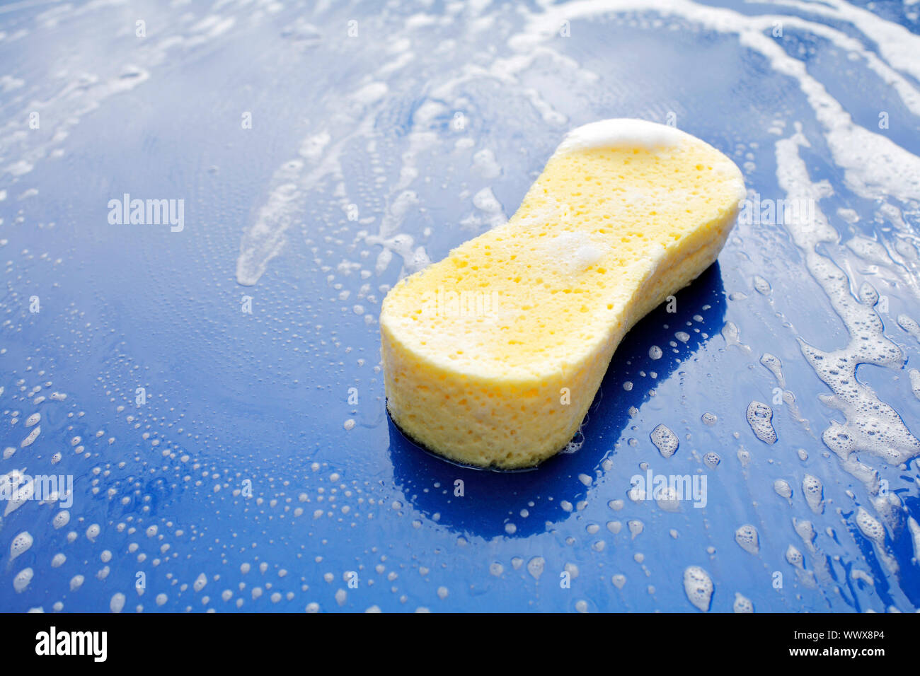 Yellow soapy sponge on the hood of a blue car Stock Photo - Alamy