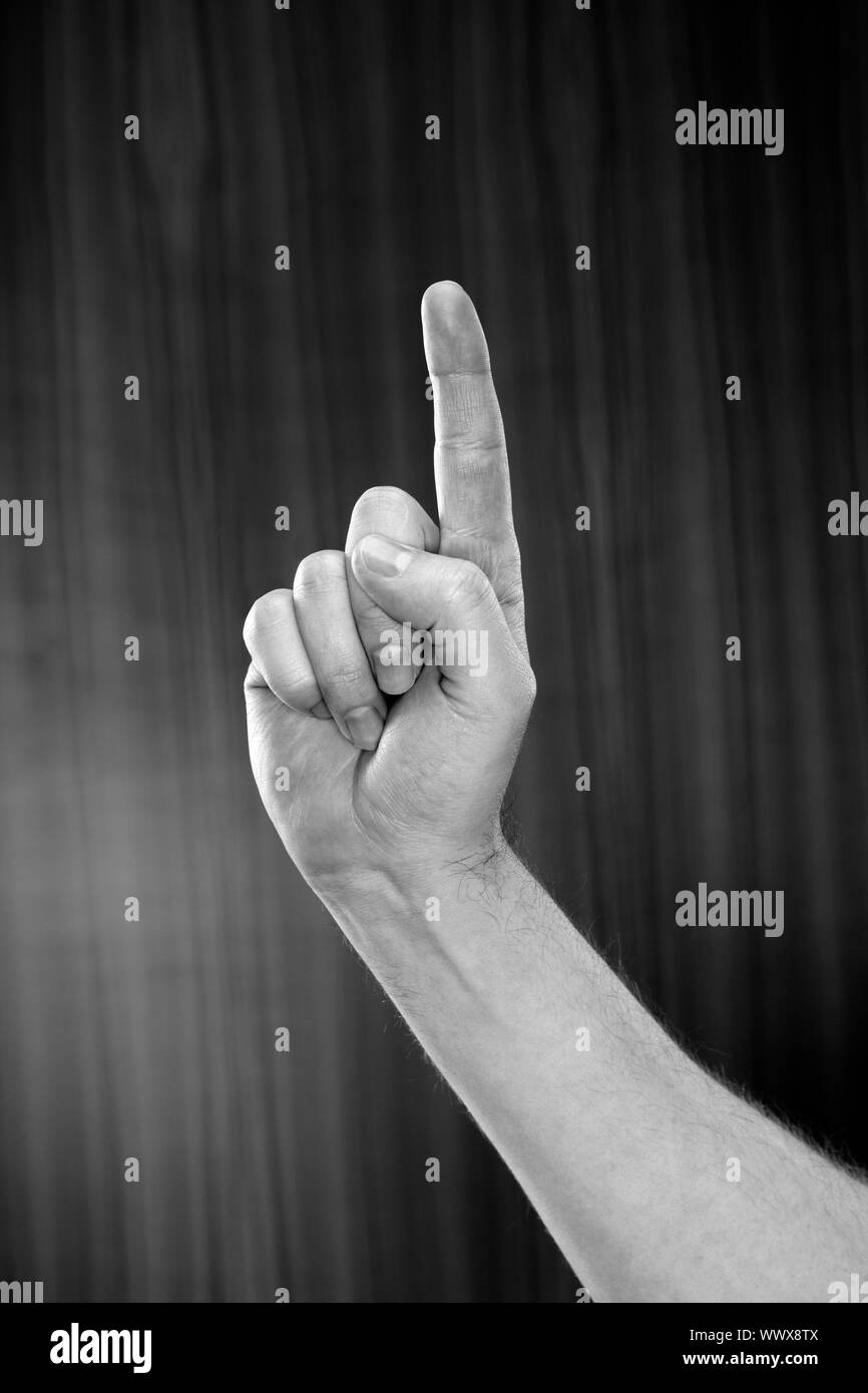 Black and white image of man pointing with his index finger Stock Photo ...