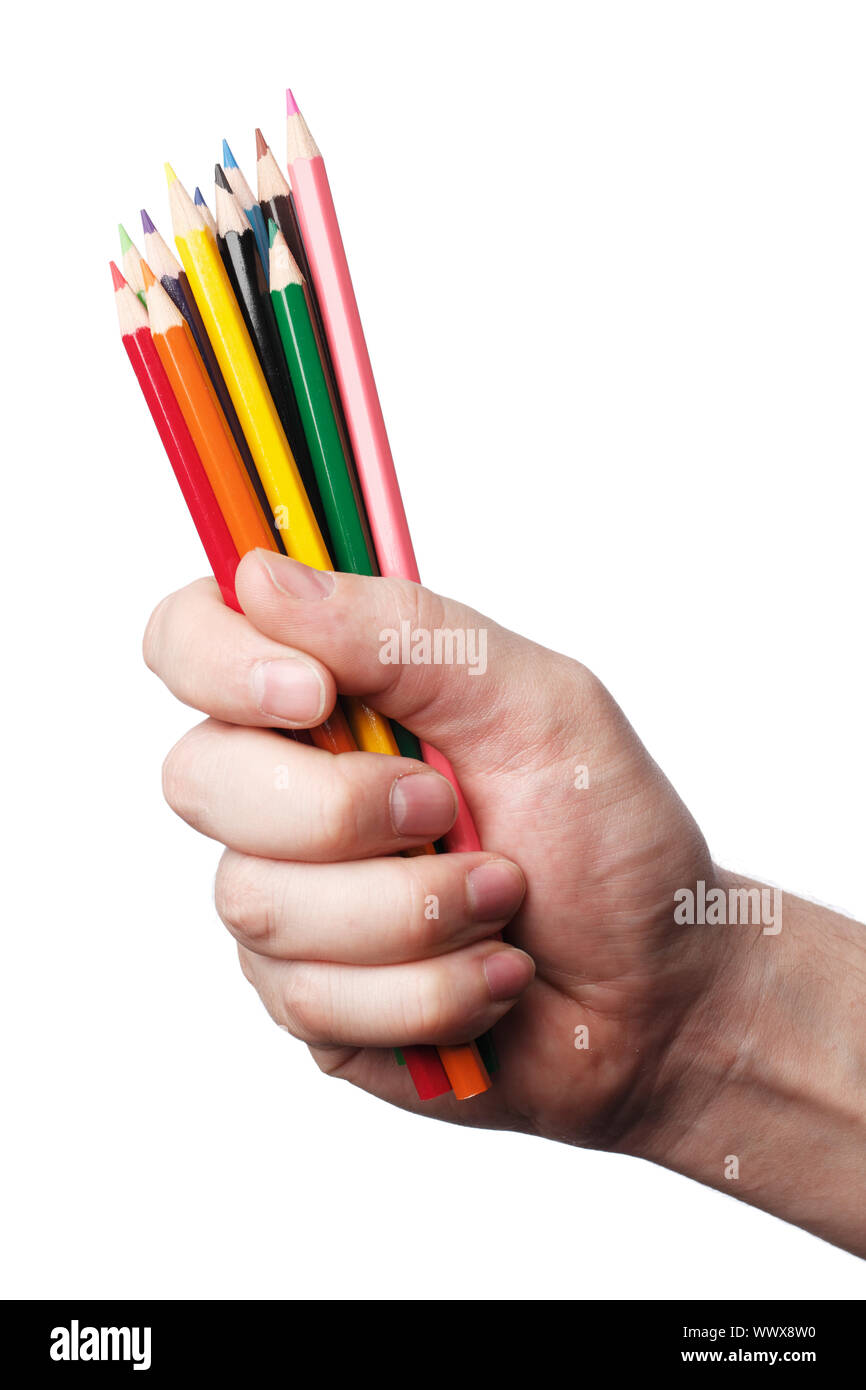 Man holding some colored pencils Stock Photo - Alamy