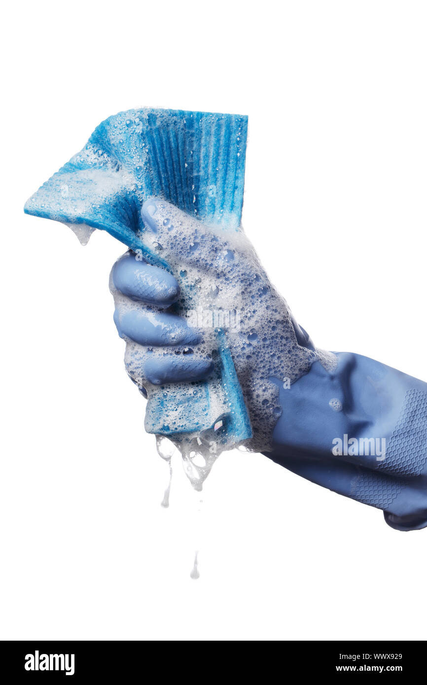 A gloved hand holding a soapy synthetic cleaning cloth Stock Photo - Alamy