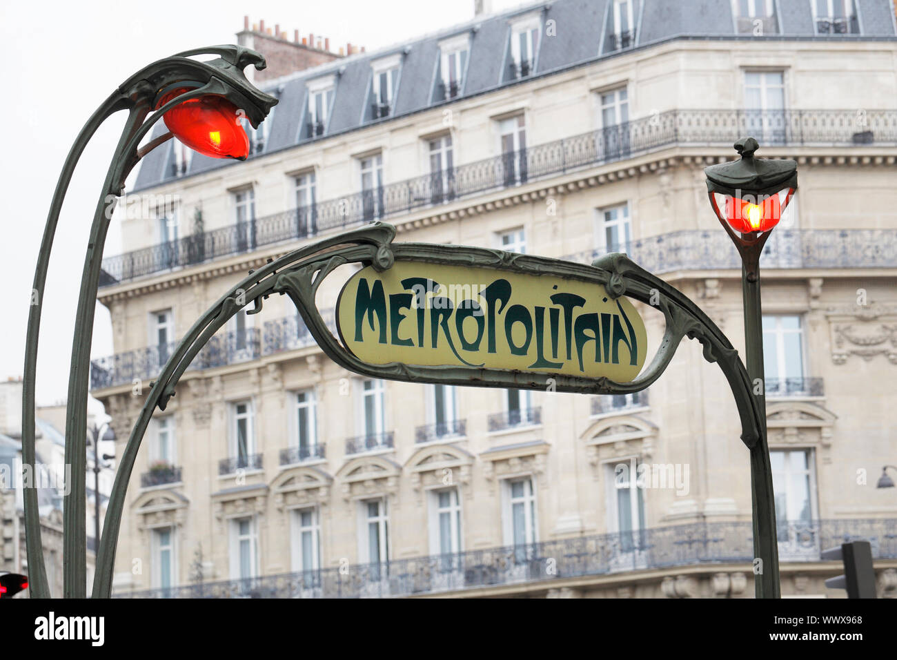 Old Art Nouveau sign for Paris Metropolitain rapid transit metro system ...