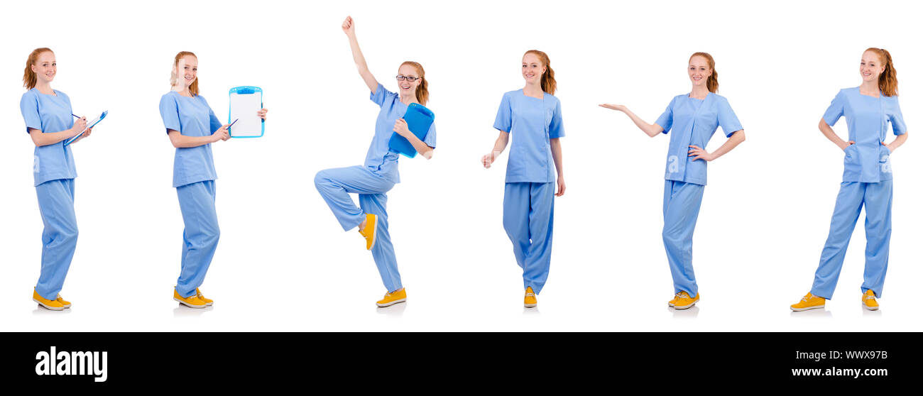 Pretty dancing doctor in blue uniform with documents isolated Stock ...