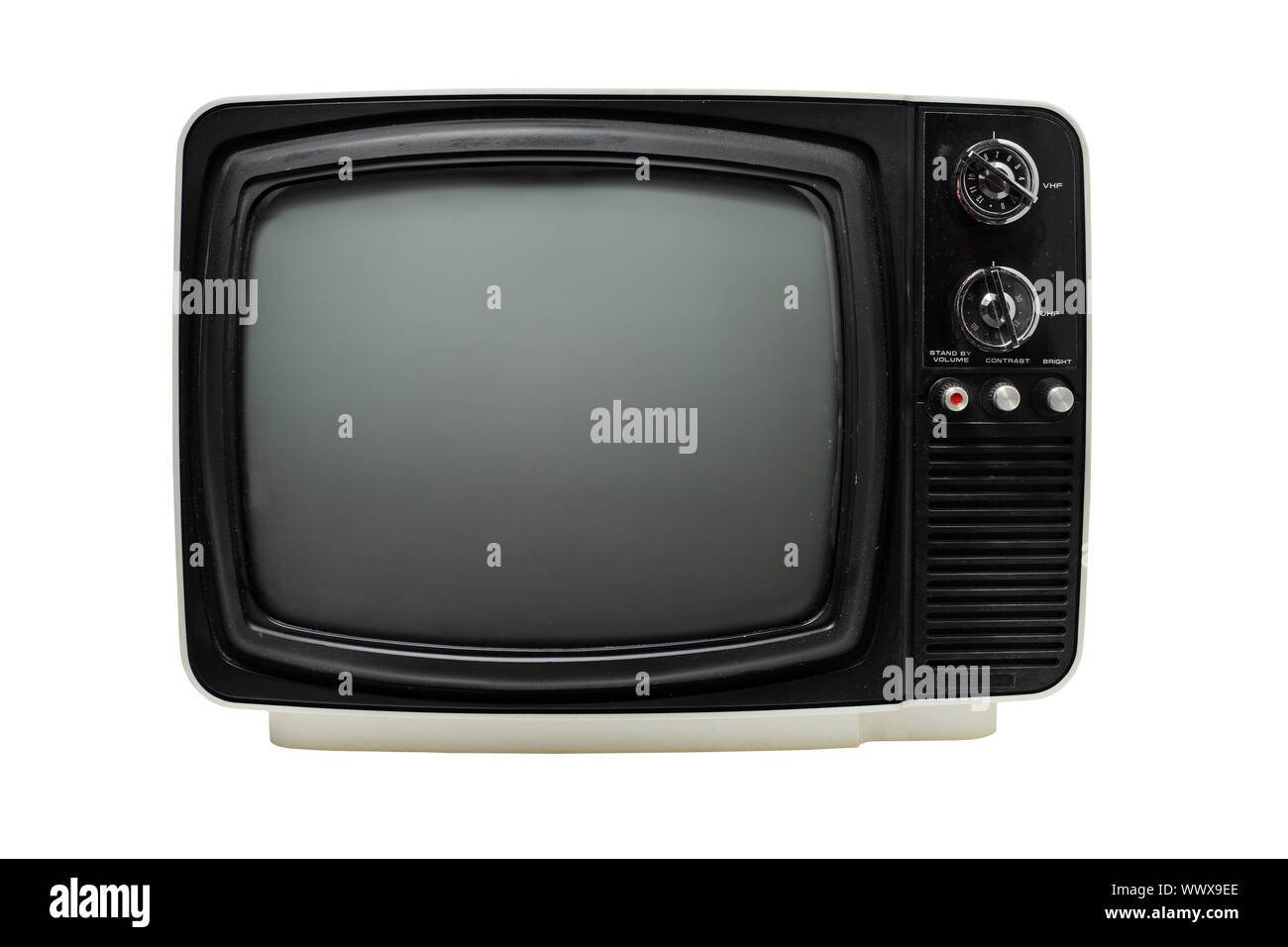 Old 12" black & white portable television, dusty and dirty. Isolated on ...