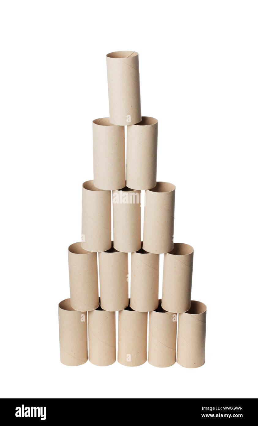 Empty toilet paper rolls arranged as a pyramid Stock Photo - Alamy
