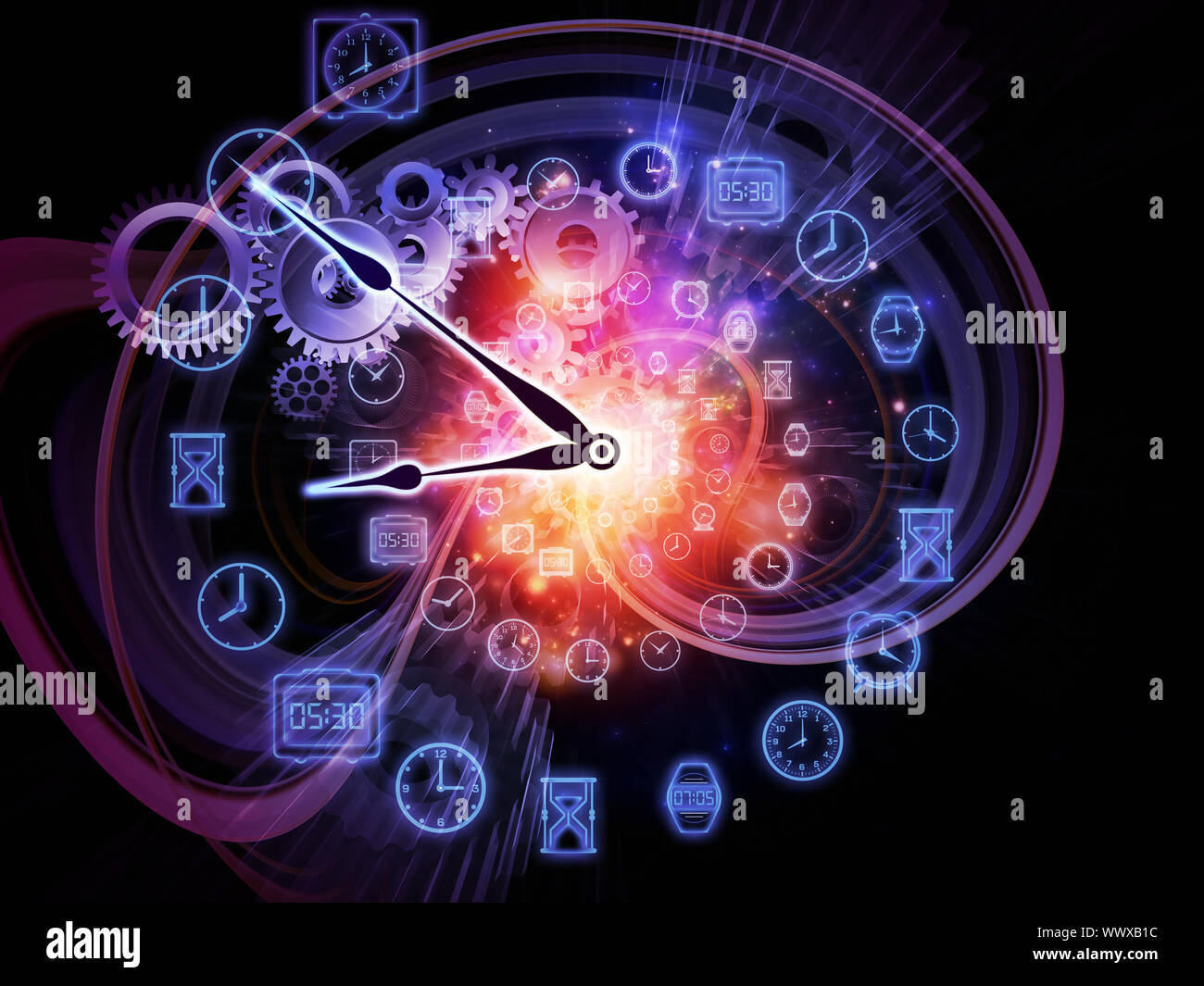Gears, clock elements and abstract design elements arrangement suitable ...