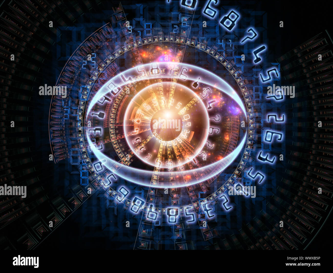 Composition of eye outlines, numbers, fractal and abstract design ...