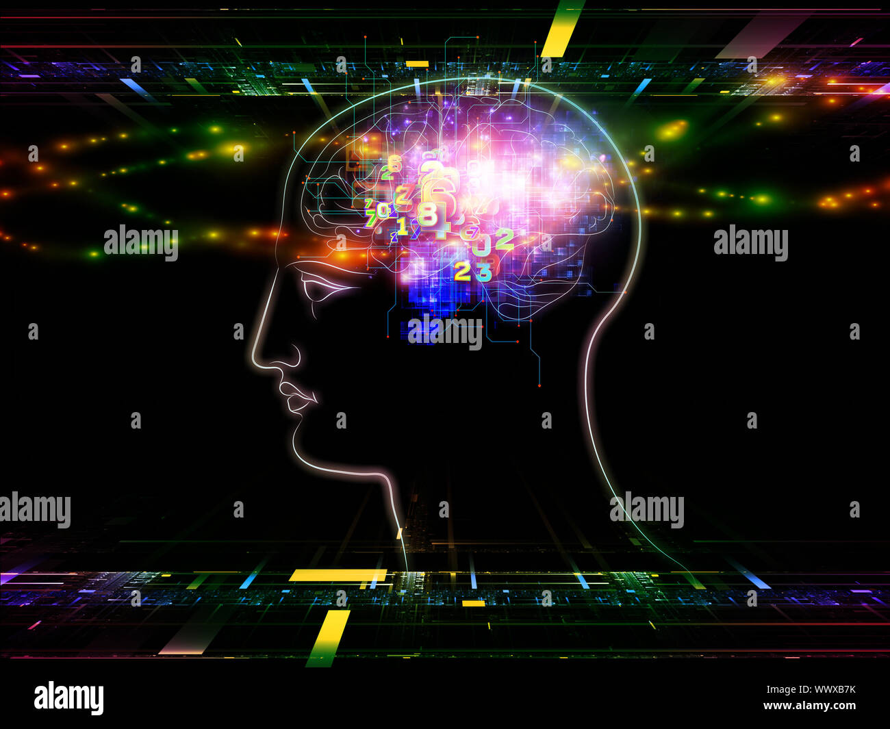 Arrangement of head outlines, lights and abstract design elements on ... Arrangement of head outlines, lights and abstract design elements on ...