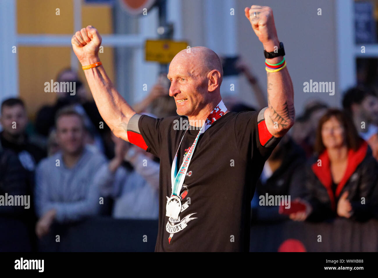 Tenby, UK. 15th Sep, 2019. Pictured: Gareth Thomas celebrates as he ...