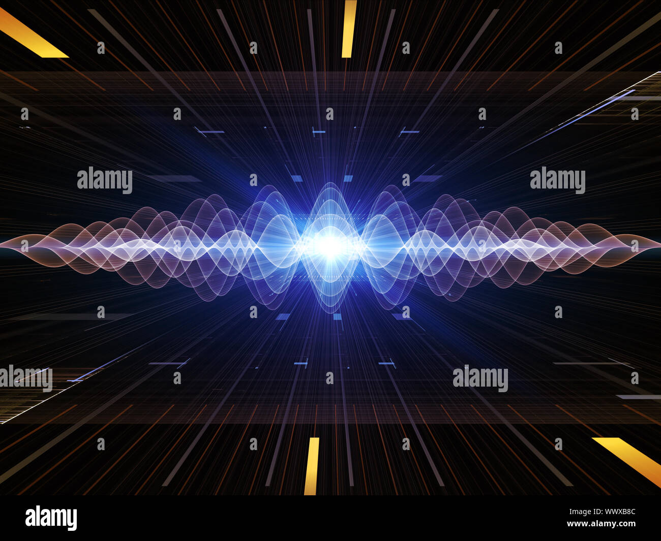 Arrangement of perspective fractal grids, lights, mathematical wave and ...
