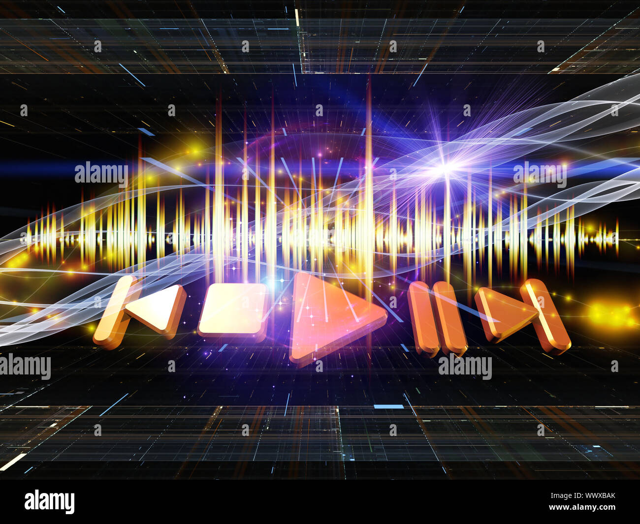 Arrangement of player controls, perspective fractal grids, lights, wave ...
