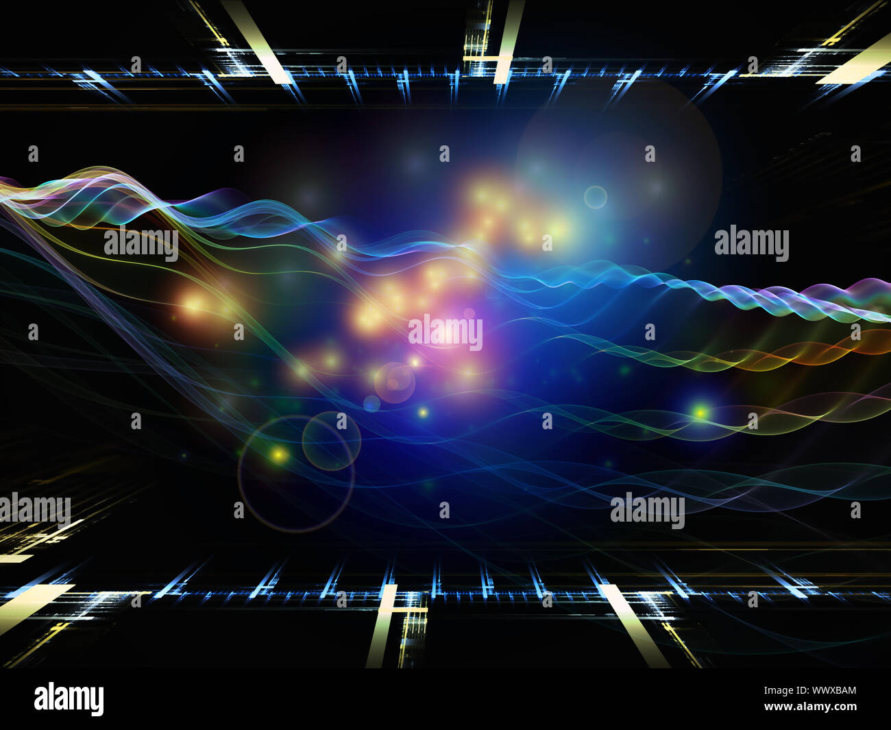 Design composed of perspective fractal grids, lights, mathematical wave ...