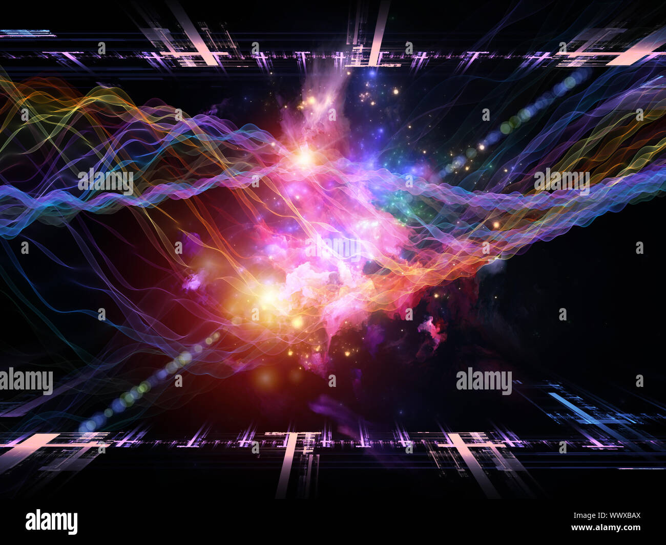 Design composed of perspective fractal grids, lights, mathematical wave ...