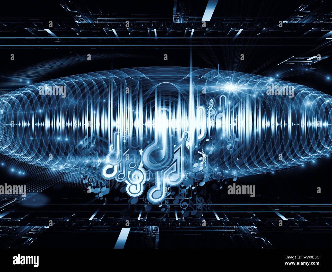 Abstract design made of musical notes, perspective fractal grids ...