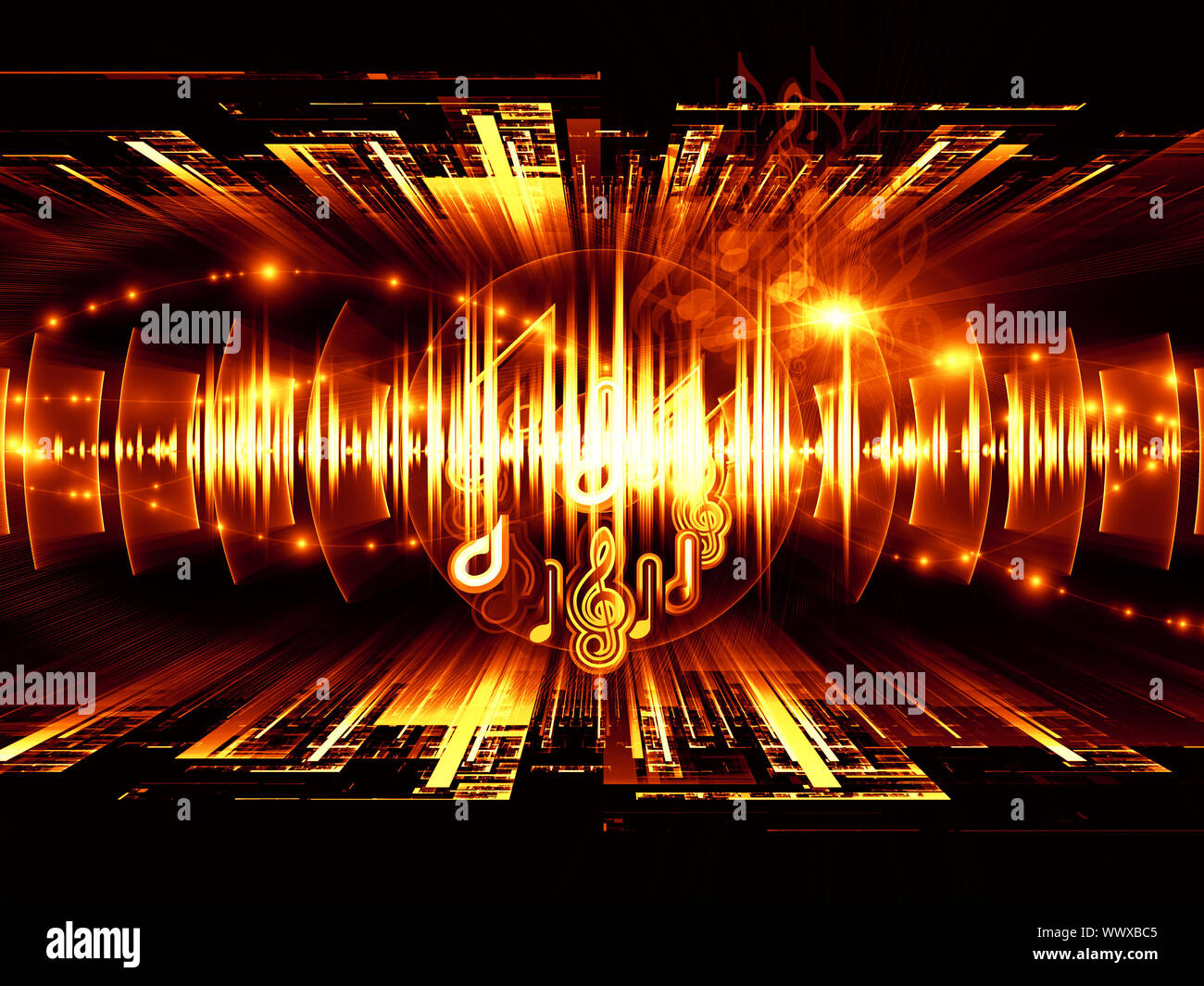 Background design of musical notes, perspective fractal grids, lights ...