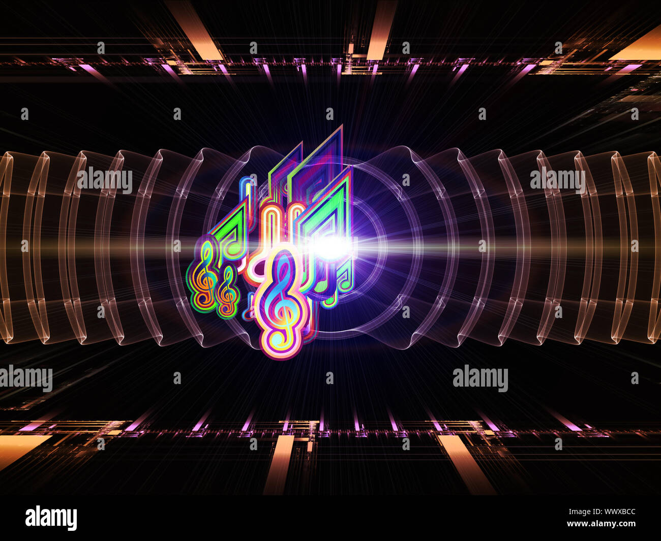 Composition of musical notes, perspective fractal grids, lights, wave ...