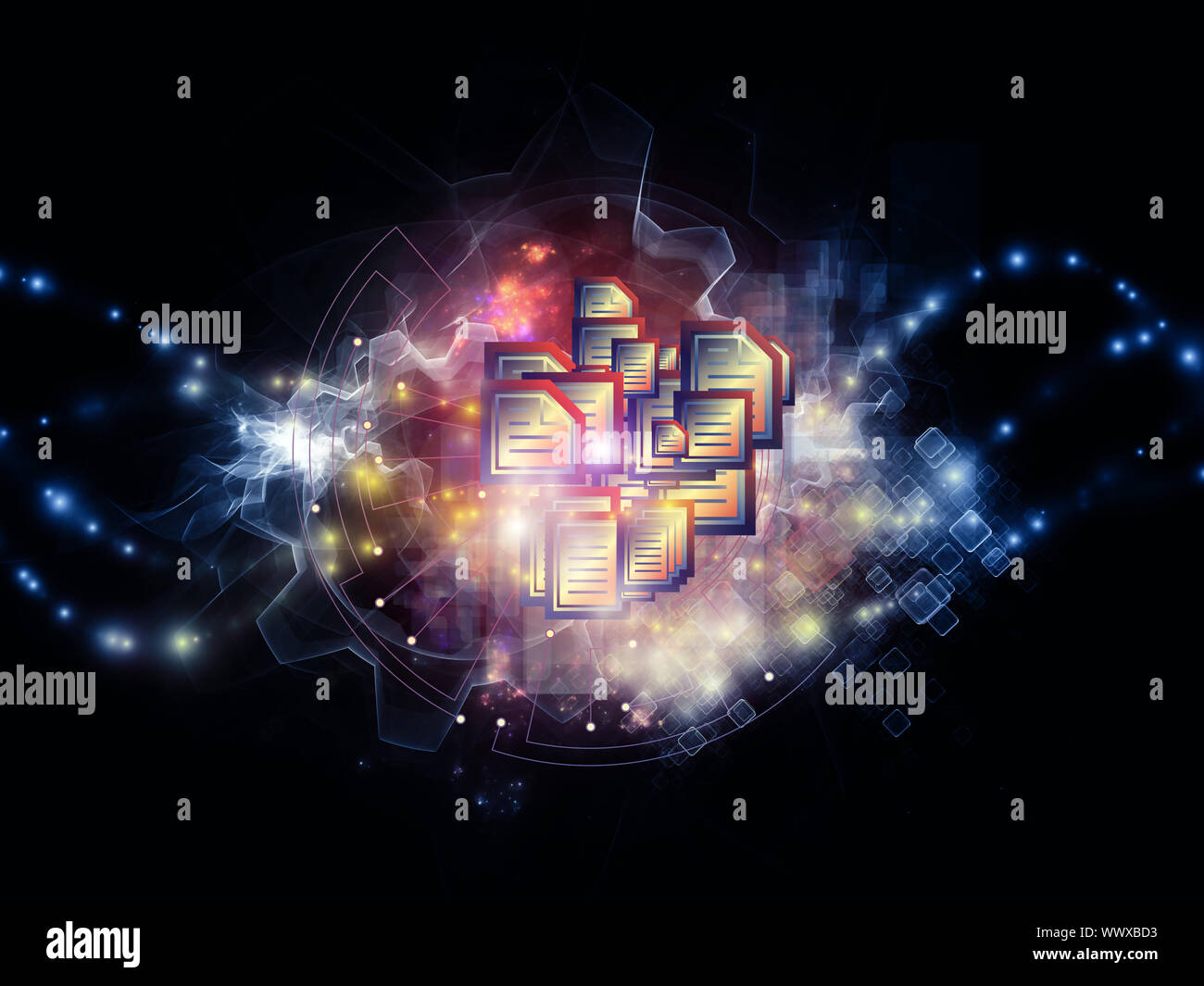 document symbols, lights and abstract technology elements arrangement ...