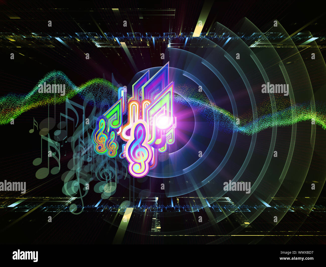 Composition of musical notes, perspective fractal grids, lights, wave ...