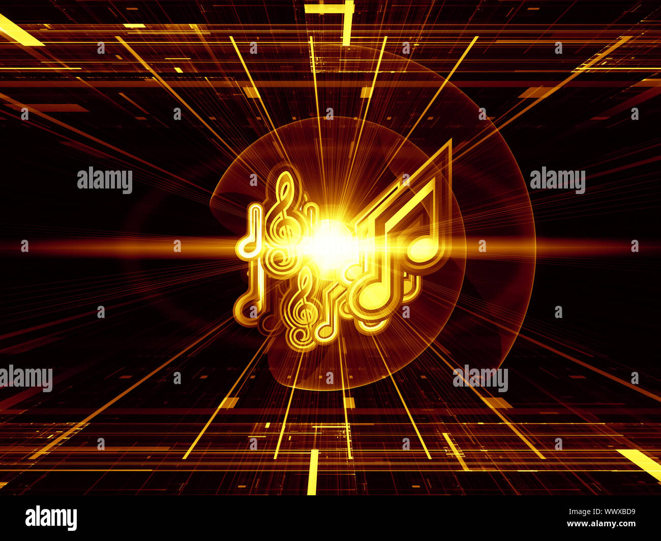 Arrangement of musical notes, perspective fractal grids, lights, wave ...