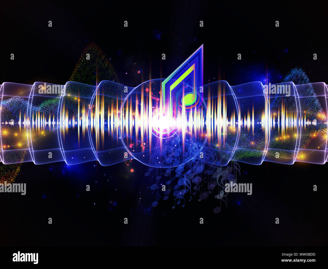 Design composed of musical notes, lights, wave and sine patterns as a ...