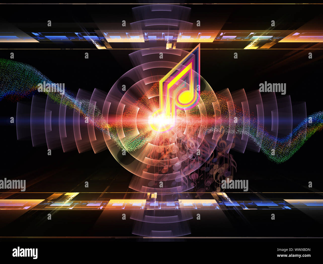 Design composed of musical notes, perspective fractal grids, lights ...